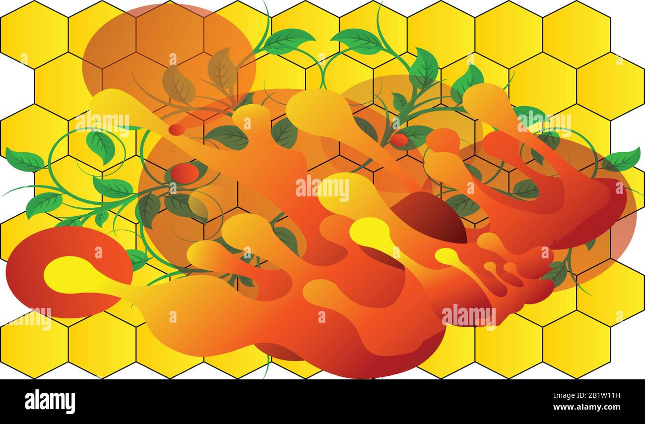 abstract art with green leaves on honey comb background Stock Vector ...