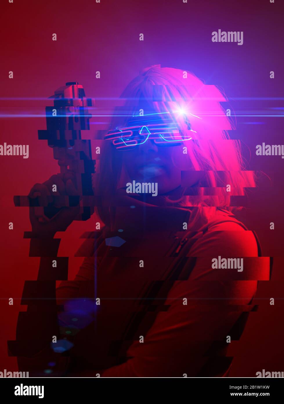Girl with blaster in the futuristic battle. Concept virtual reality ...