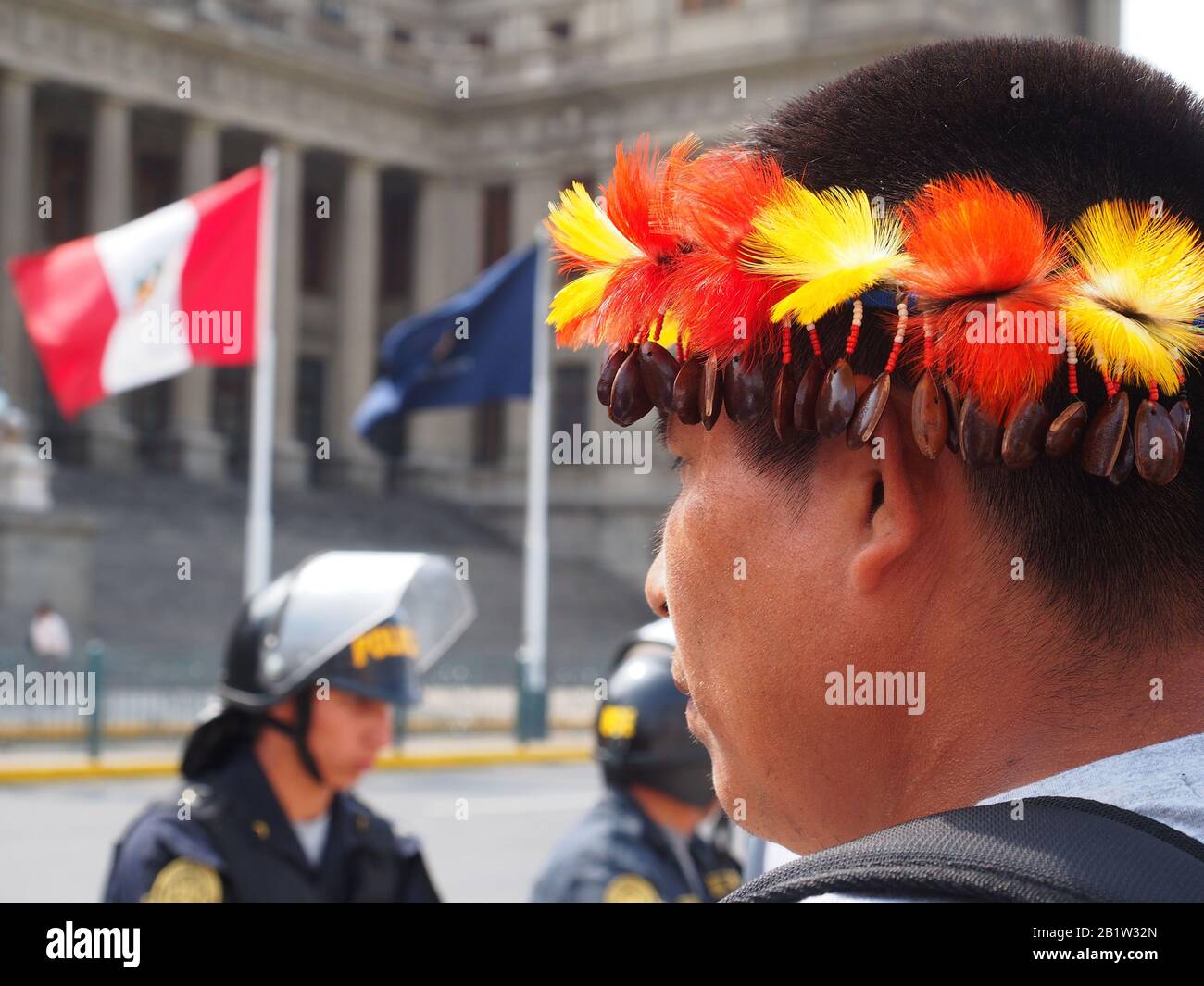 Awajun indigenous people from the Peruvian Amazon make a demonstration ...