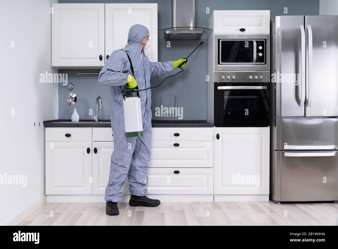 Side View Of Exterminator In Workwear Spraying Pesticide In Kitchen ...