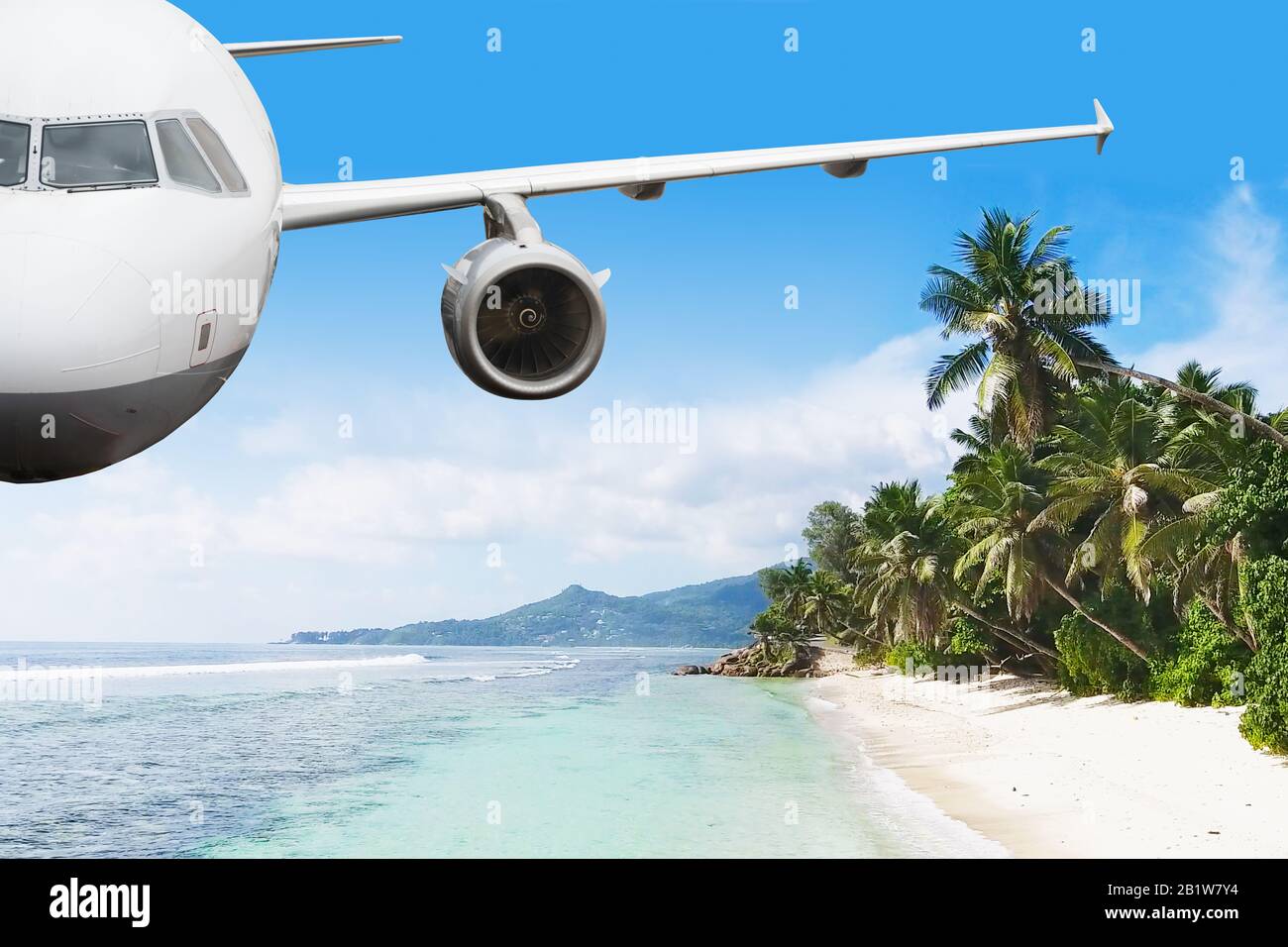Airplane Is Flying Over Island And Sea In Summer At Seychelles Stock ...