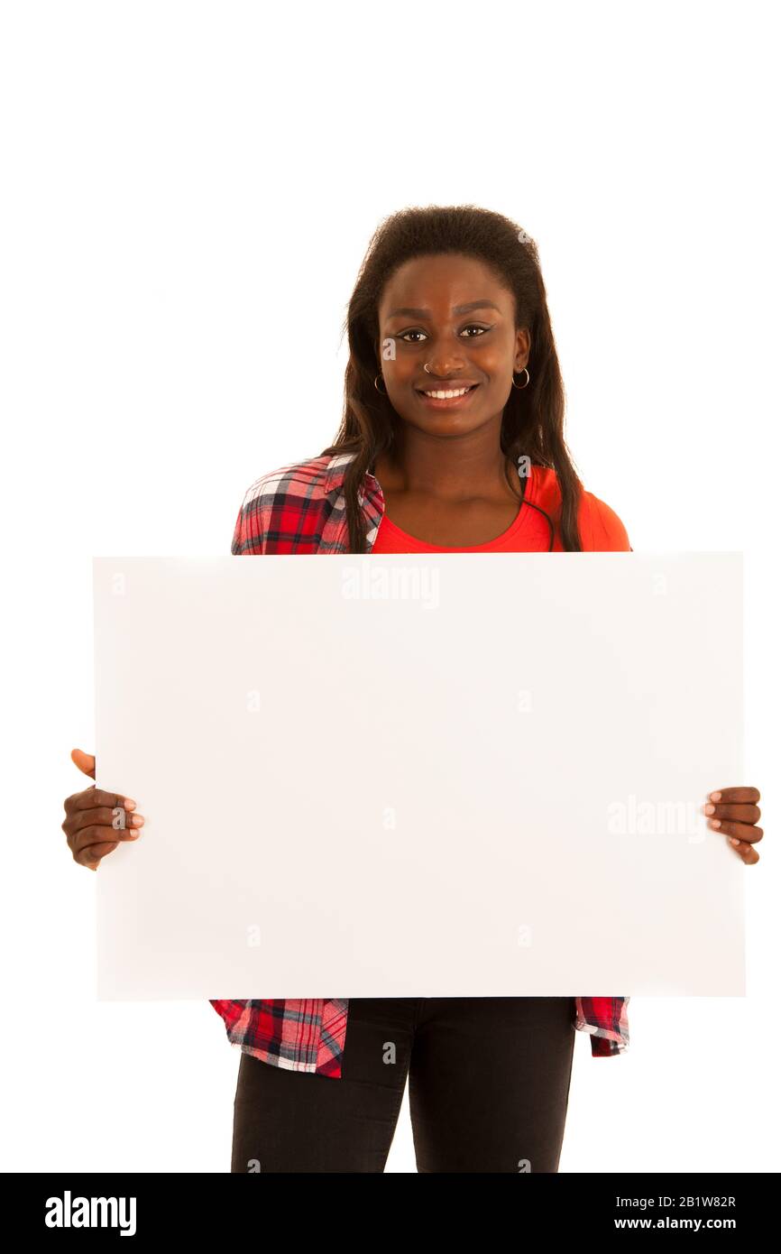 Active young woman holding blank white banner for additional graphics ...