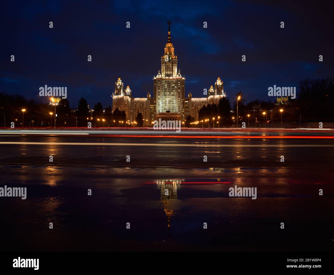 Headlight marks on the background of Moscow State University Stock ...