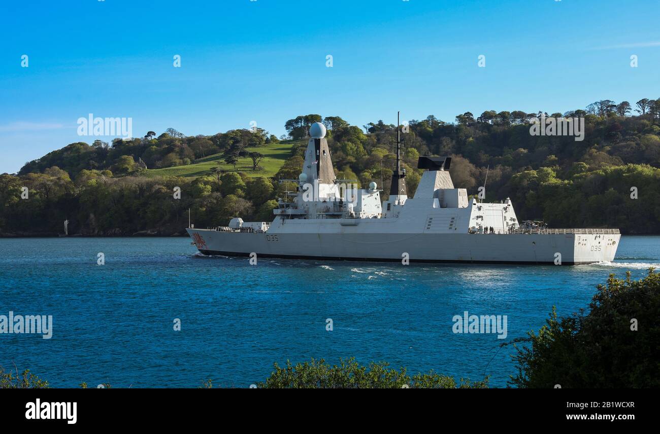 The Type 45 destroyer HMS Dragon in Plymouth Sound as she heads out to ...