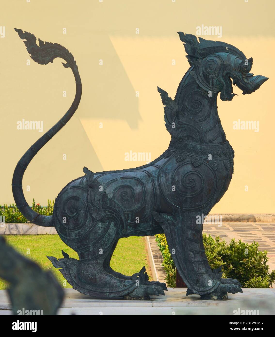 Bronze statue of a Singha guardian lion, one the many leogryphs (lion ...