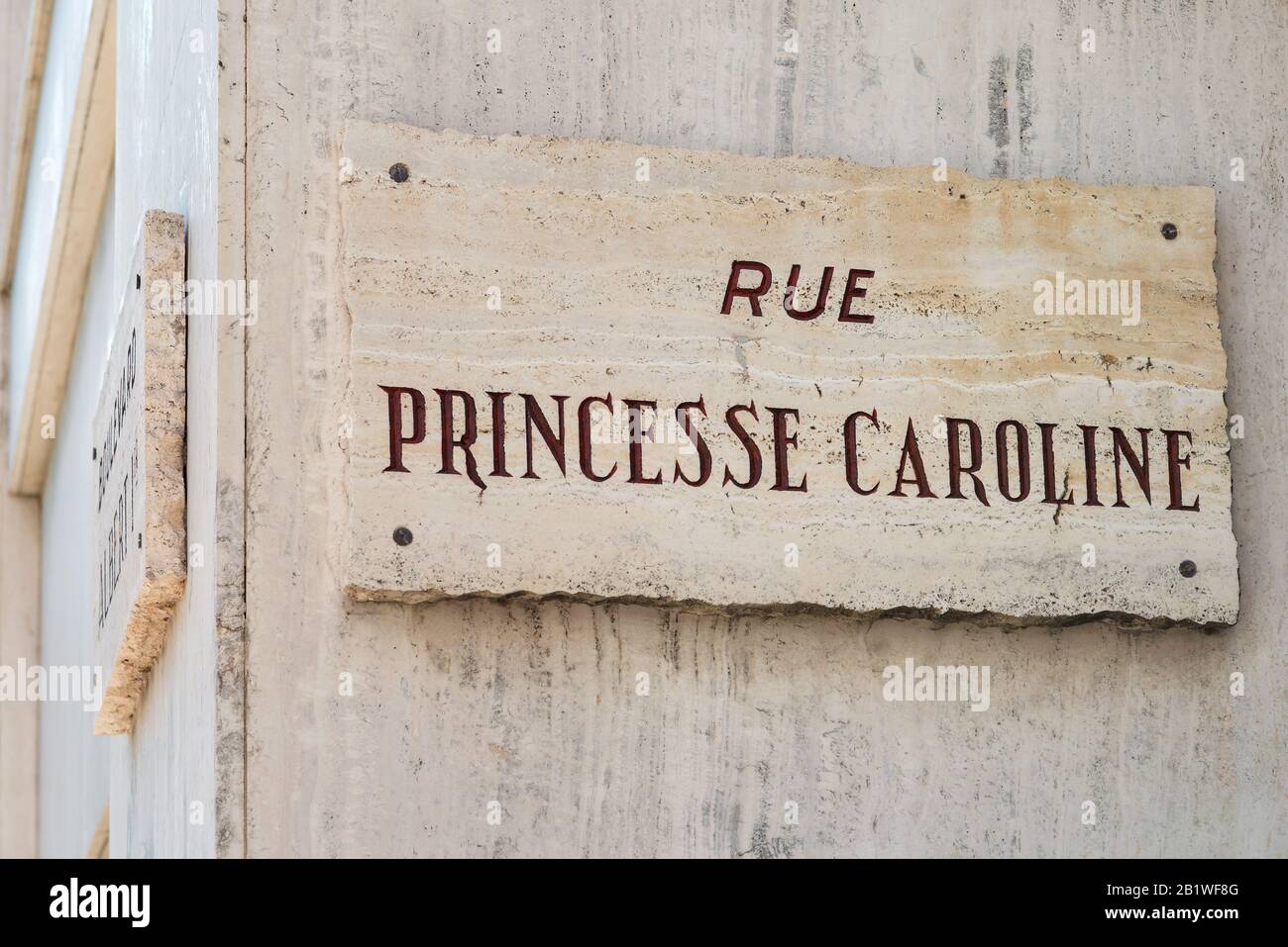 Principality of Monaco - 31.08.2018: Street sign with name of Caroline ...