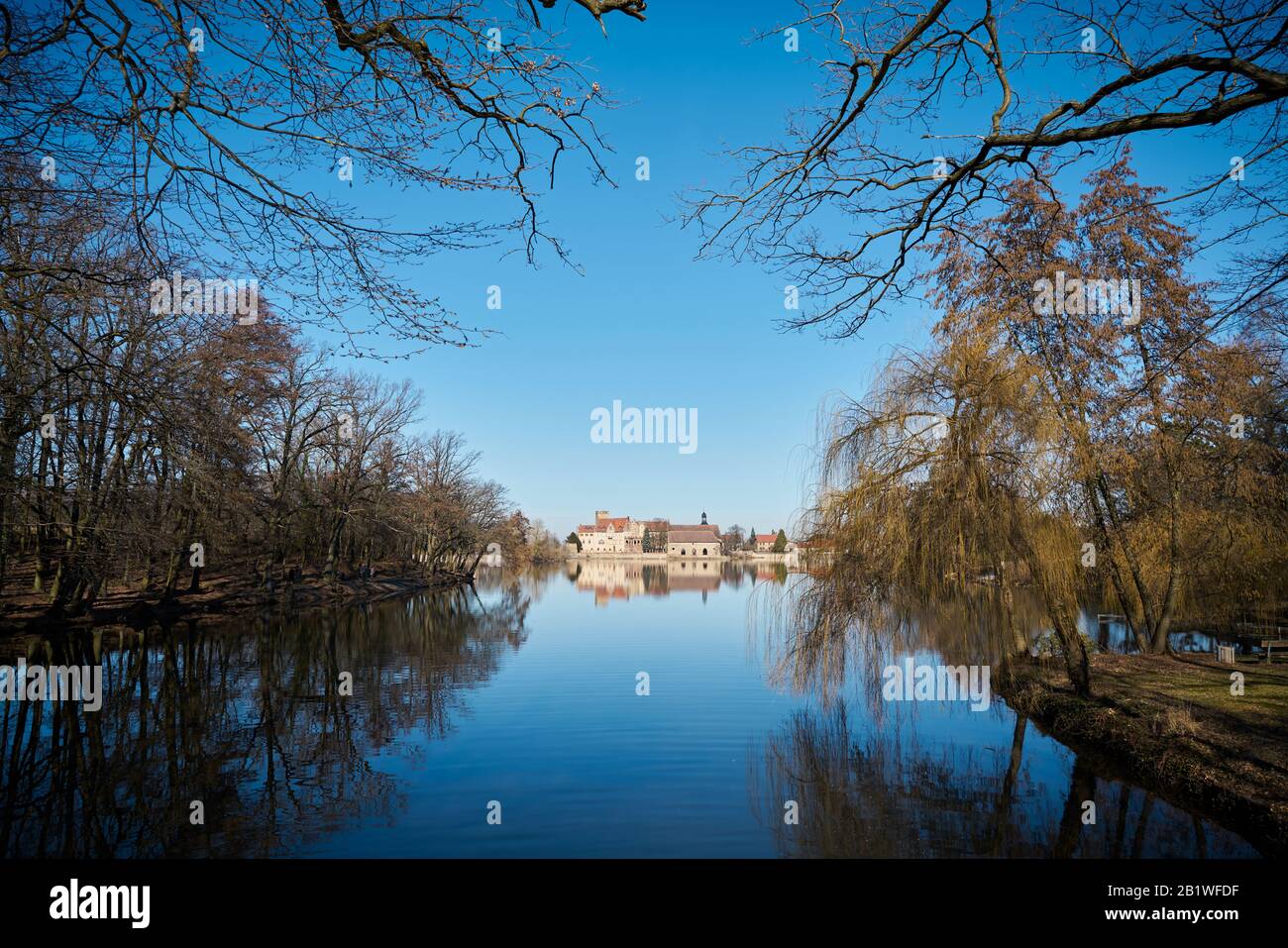 View of the village Flechtingen with the historic moated castle Stock ...