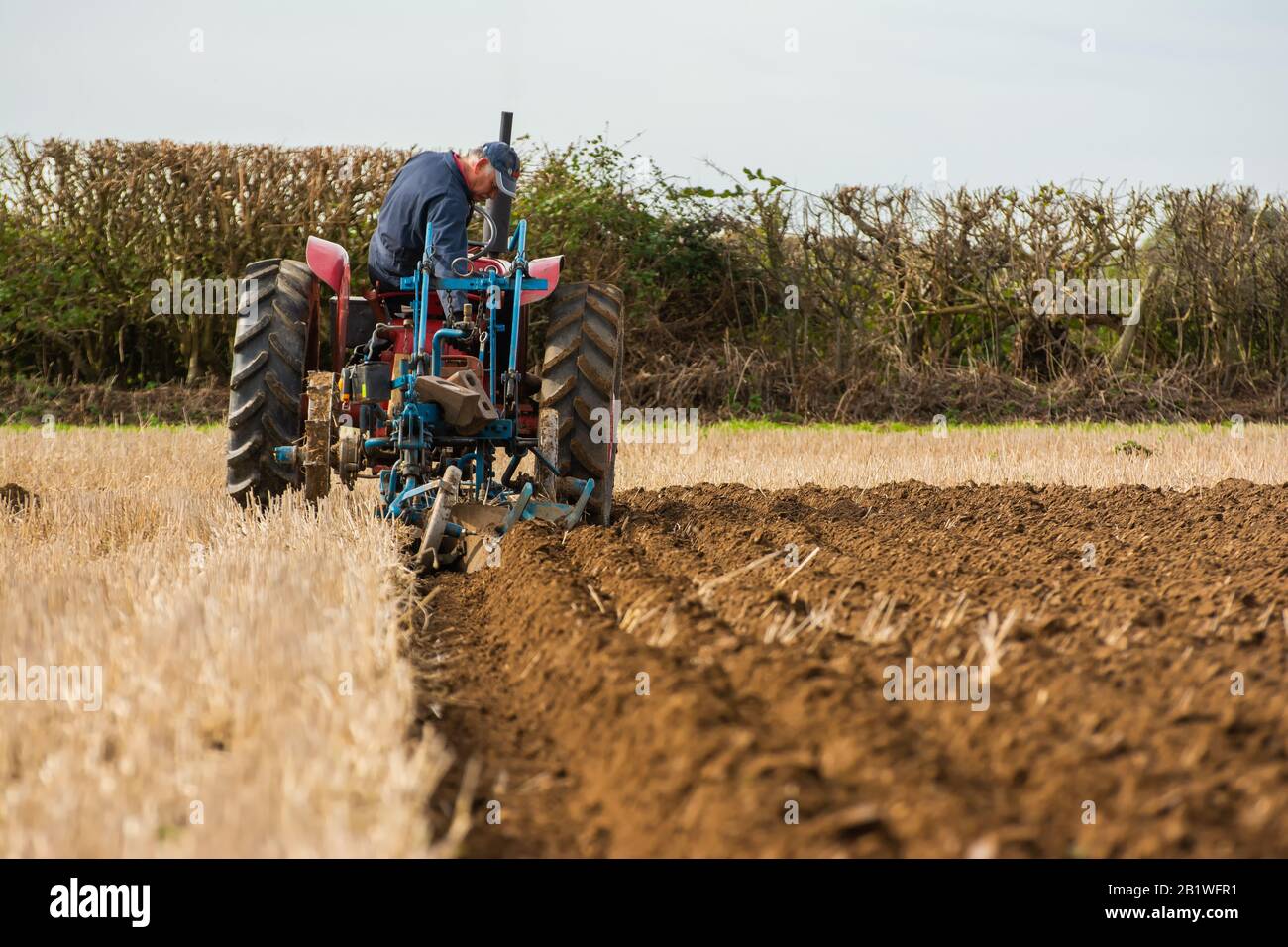 Vintage class tractor Ploughing furrow field plough England Farming Red ...