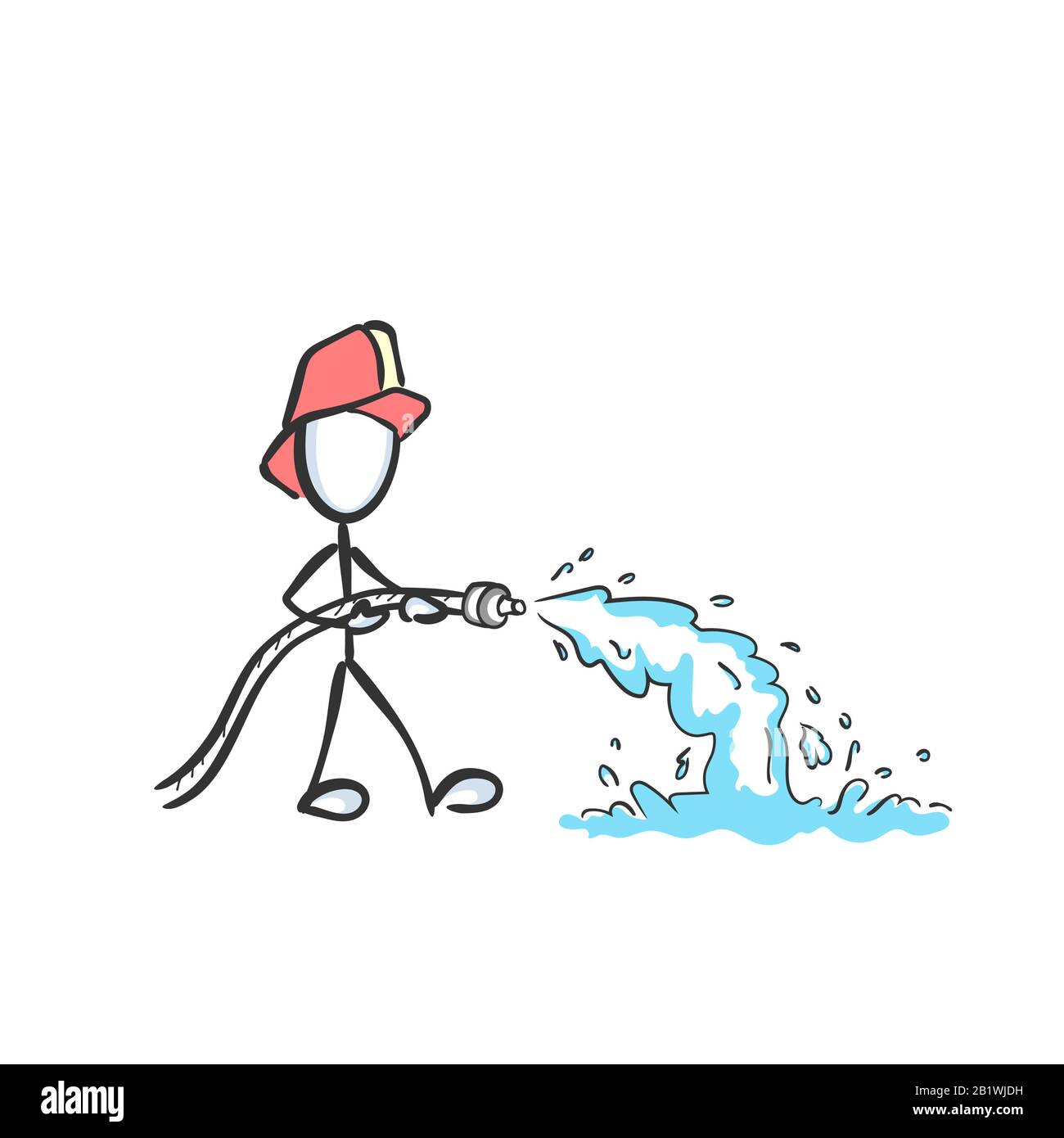 Fireman extinguishing fire. Fireman with water. Hand drawn. Stickman ...
