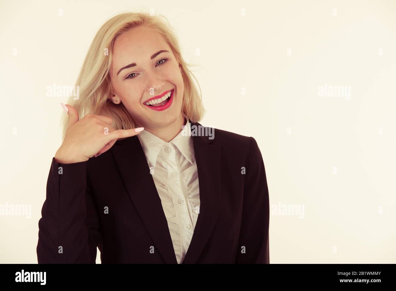 active business woman gesture call me isolated over white background ...
