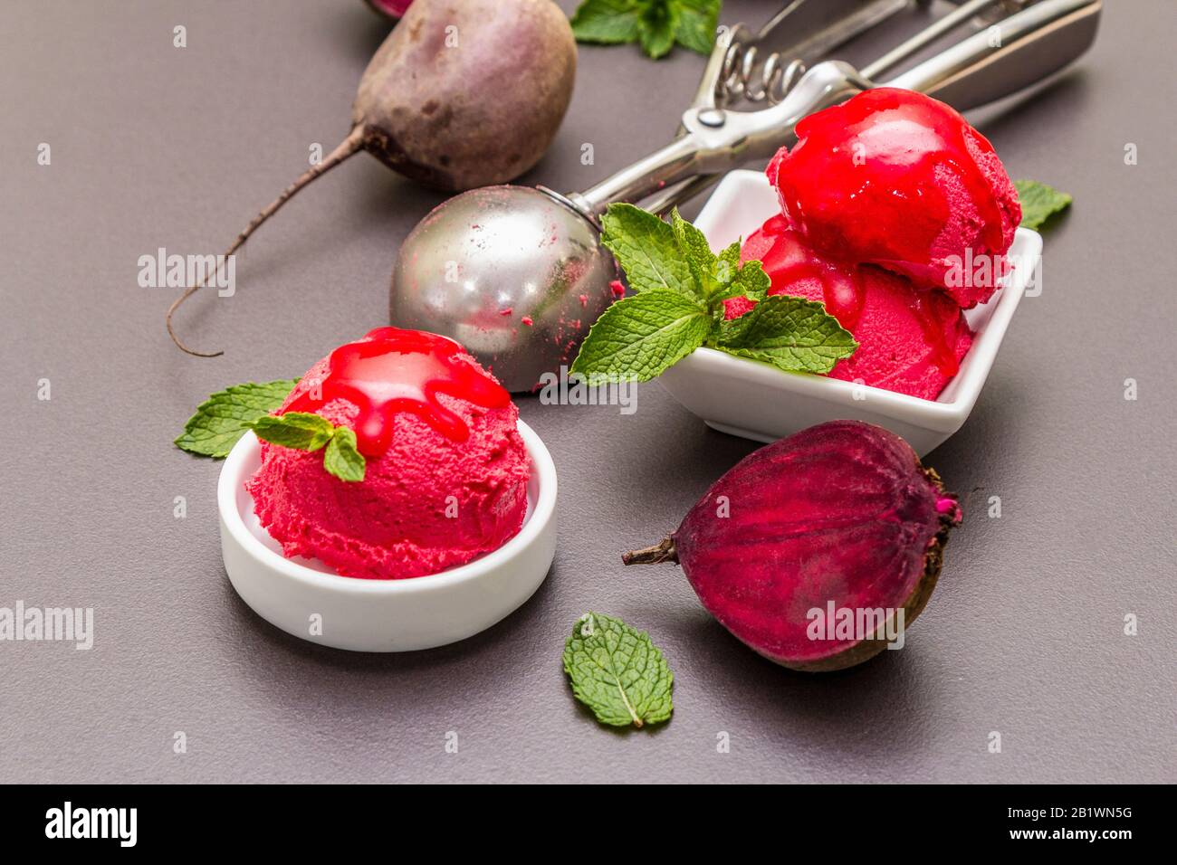 Beet ice cream, sorbet, gelato, sweet icing. Summer healthy refreshment ...