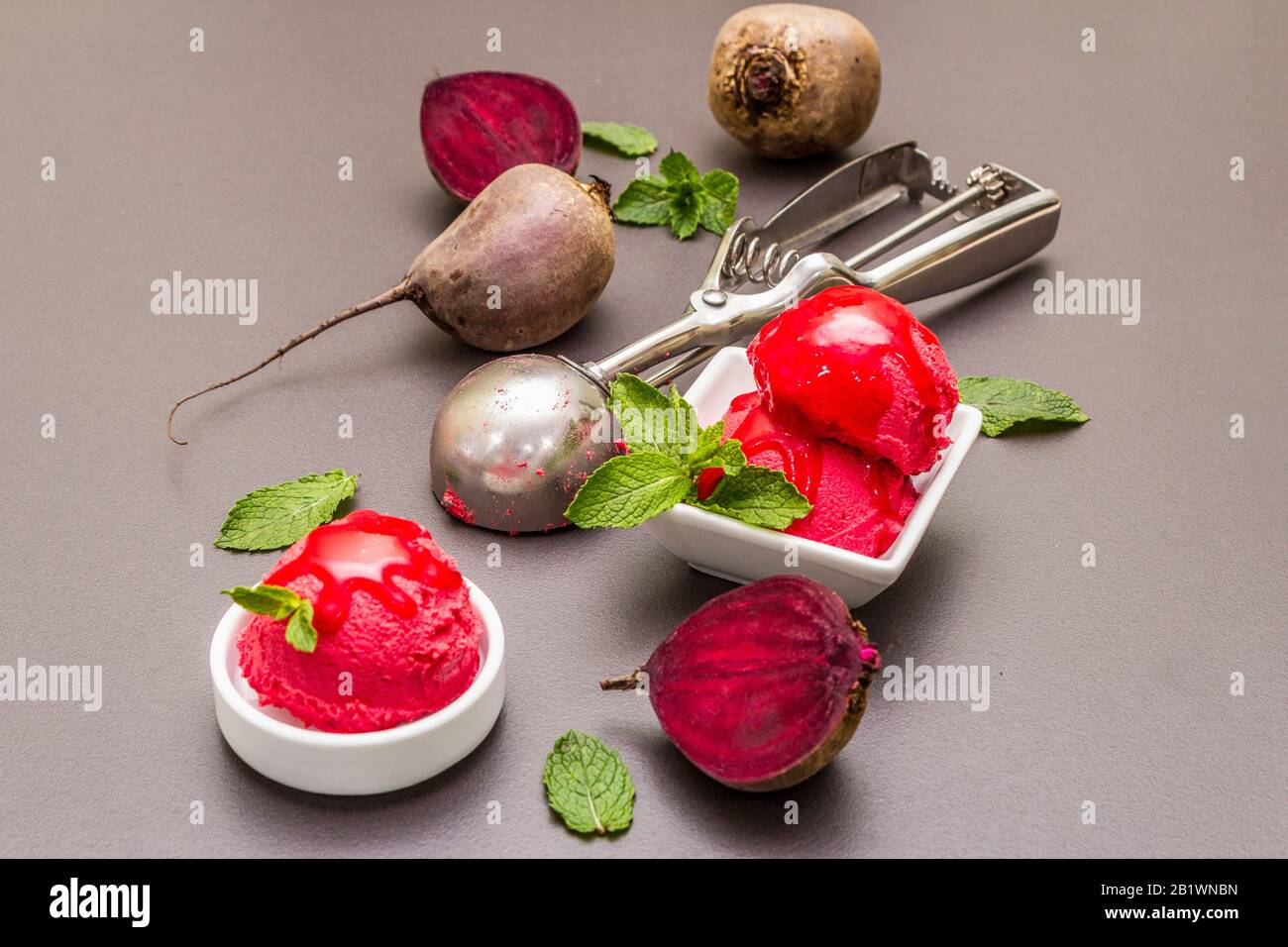 Beet ice cream, sorbet, gelato, sweet icing. Summer healthy refreshment ...