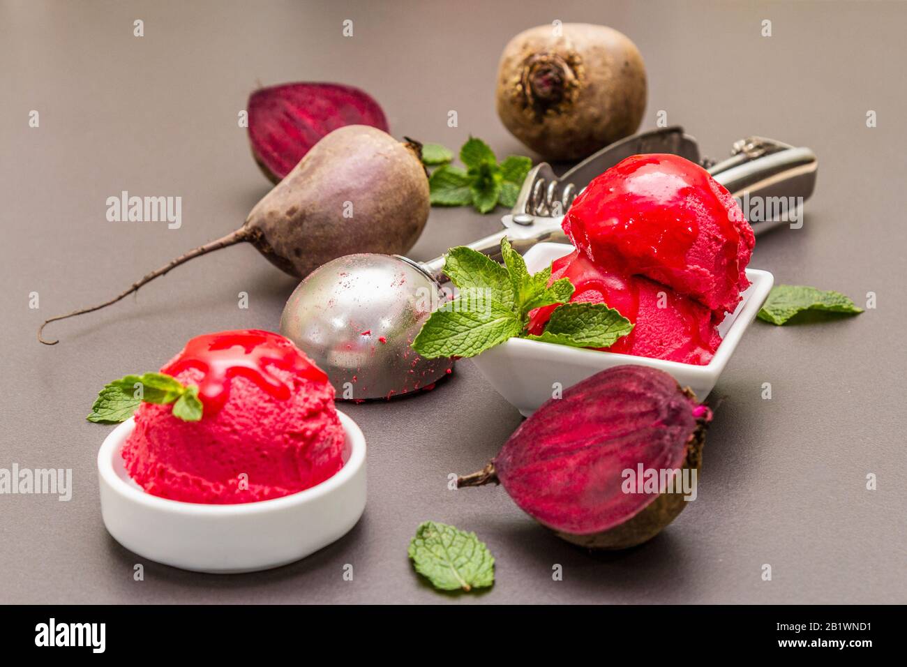 Beet ice cream, sorbet, gelato, sweet icing. Summer healthy refreshment ...