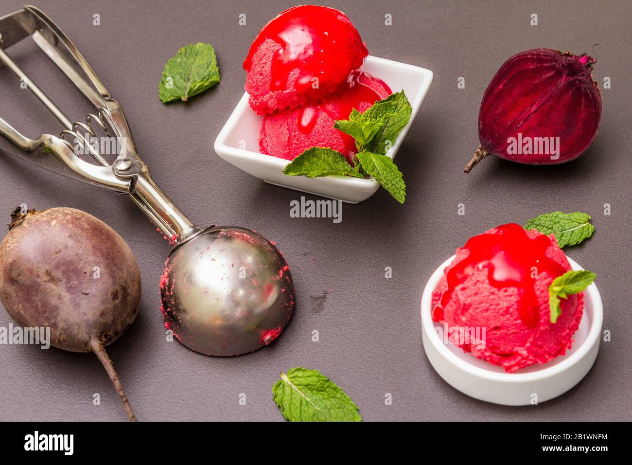 Beet ice cream, sorbet, gelato, sweet icing. Summer healthy refreshment ...