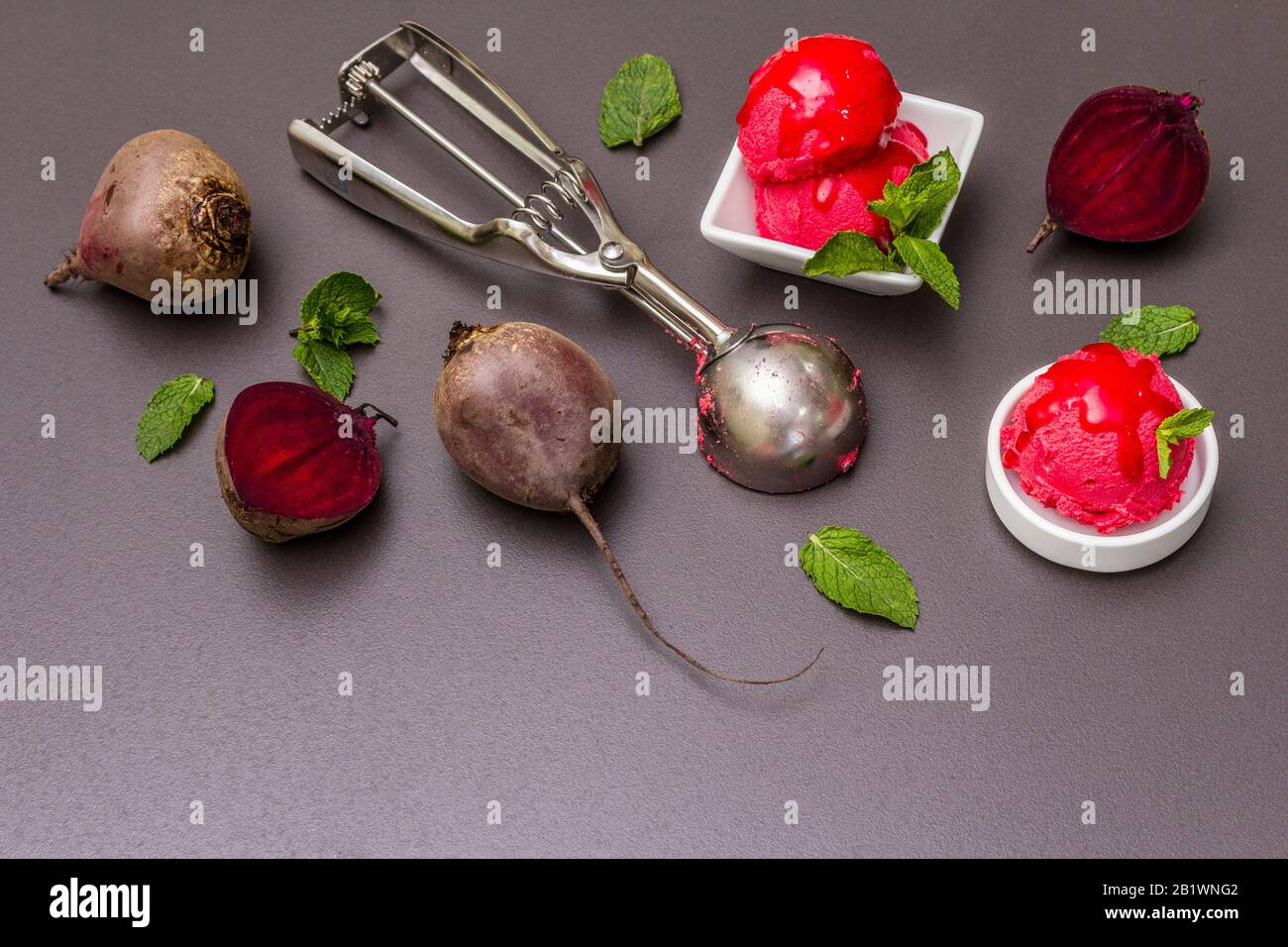 Beet ice cream, sorbet, gelato, sweet icing. Summer healthy refreshment ...