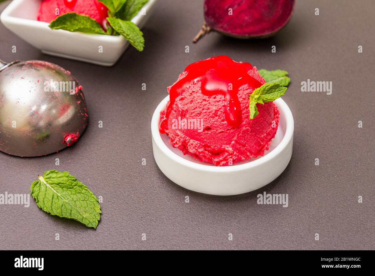 Beet ice cream, sorbet, gelato, sweet icing. Summer healthy refreshment ...