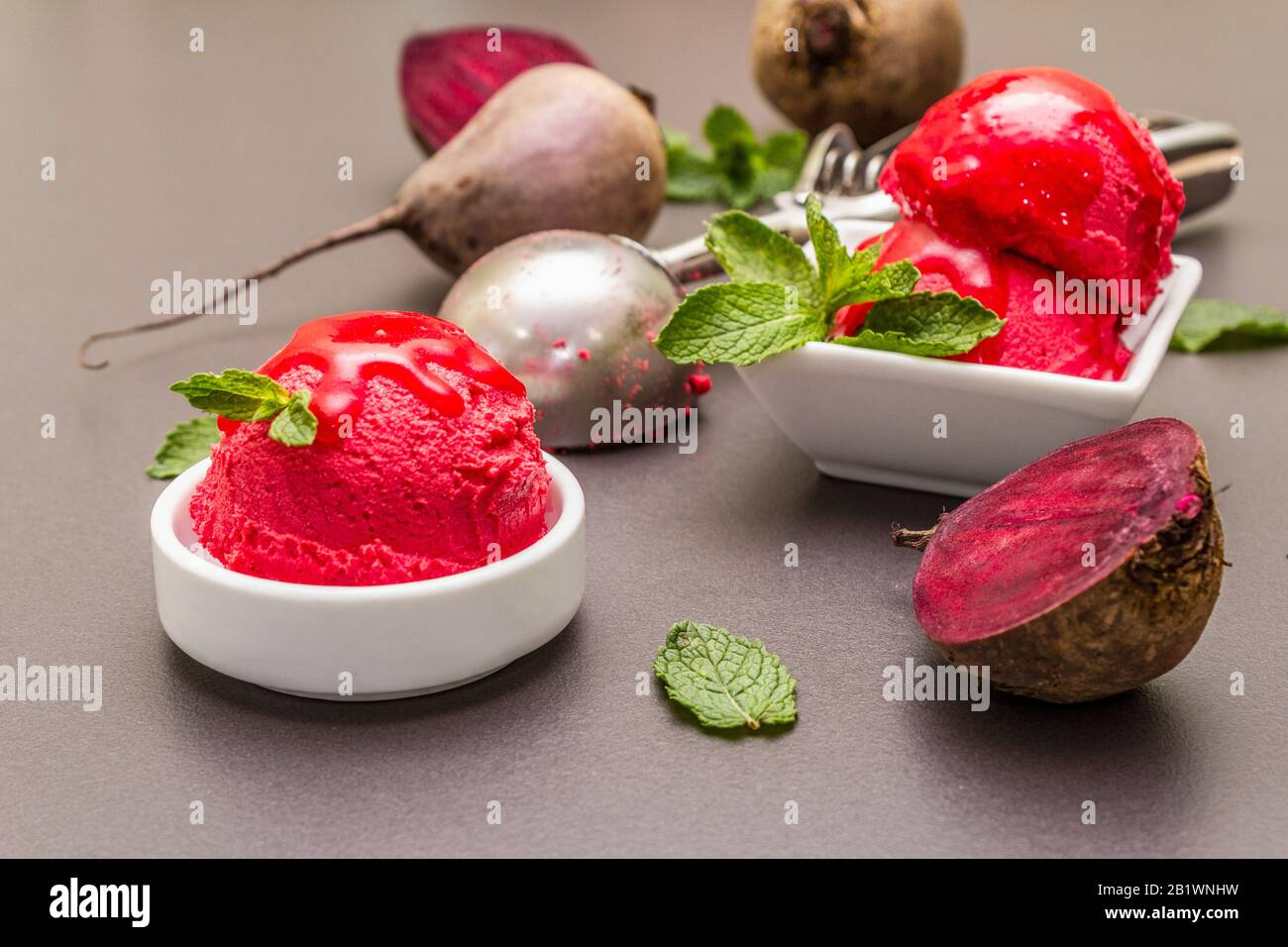 Beet ice cream, sorbet, gelato, sweet icing. Summer healthy refreshment ...