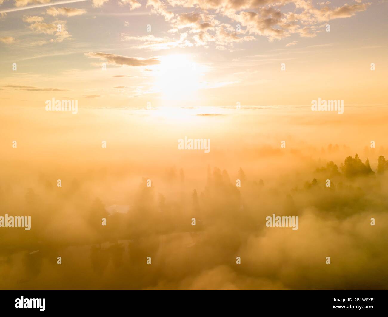 Foggy sunrise - aerial photo above very thick clouds foggy sunrise over ...