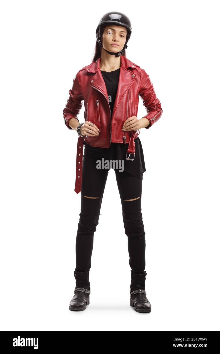 Full length portrait of a female biker with a helmet standing and ...