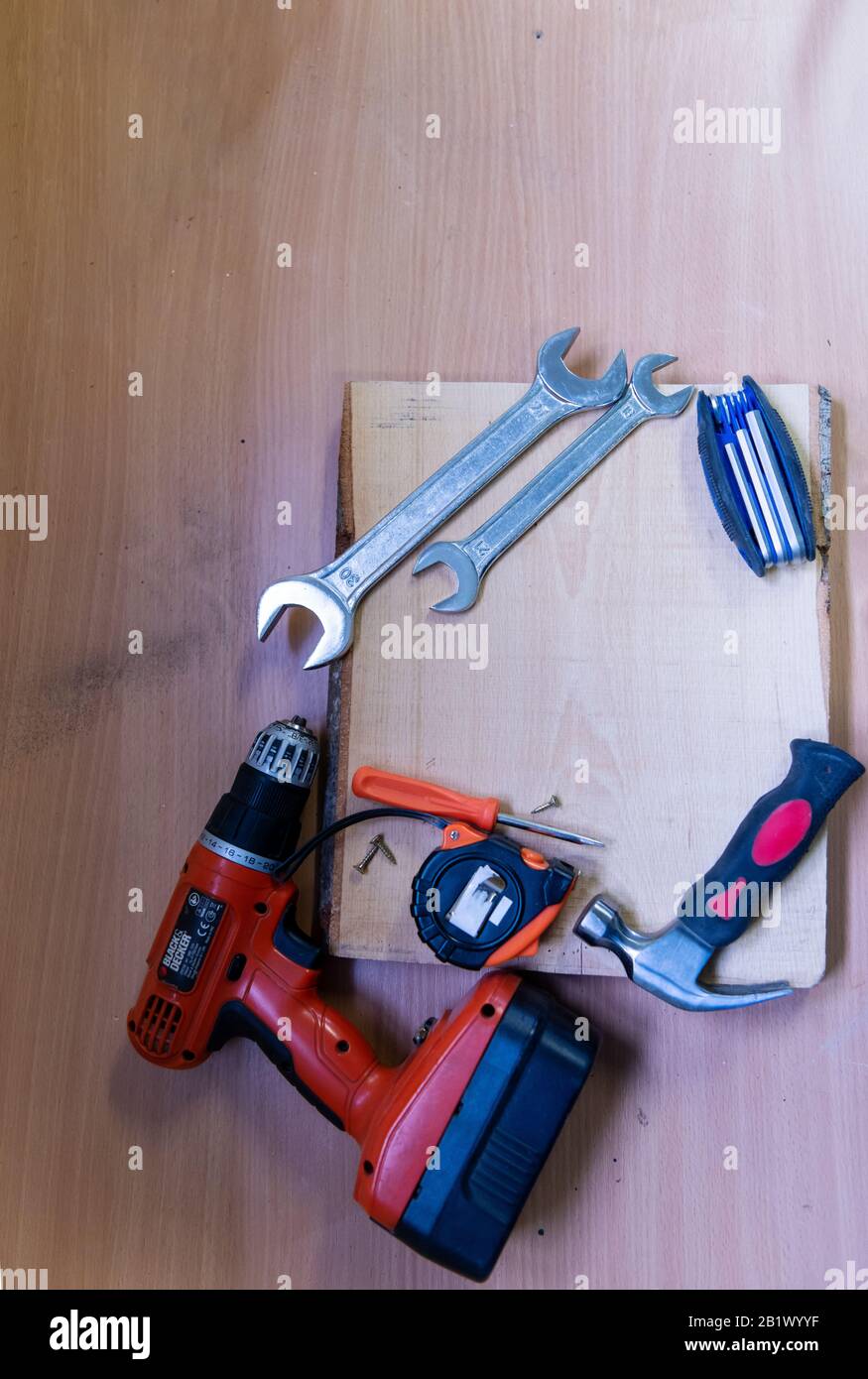 set of hand working tools on wooden background The concept of tools and ...