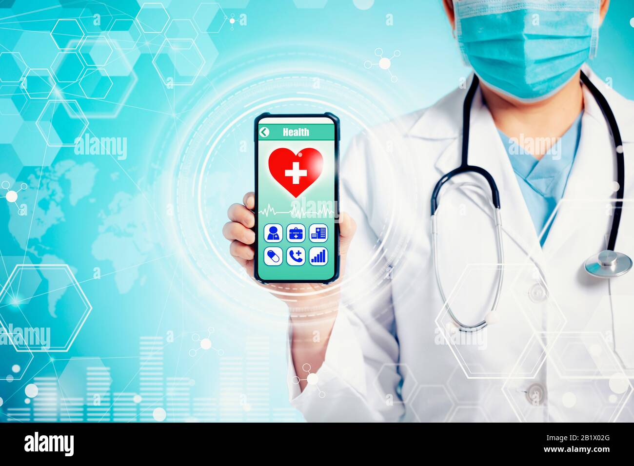 doctor with stethoscope and smart phone in hand for medical exam app ...