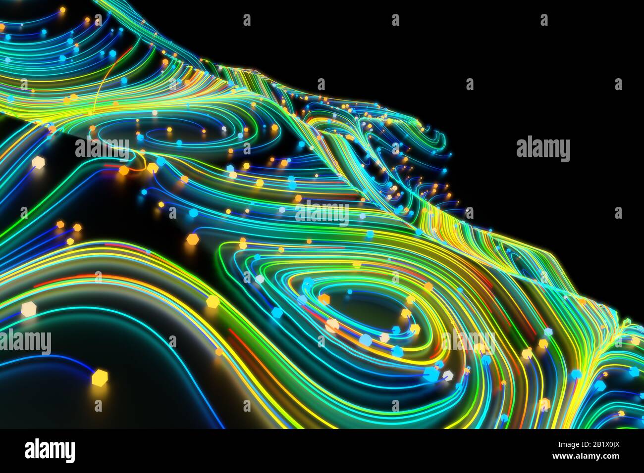 Neon glowing twisted cosmic lines on the glossy surface. Turbulence ...