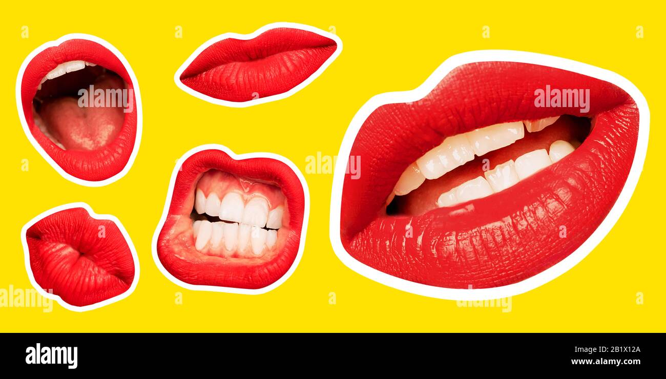 Collage in magazine style with female lips on bright yellow background ...