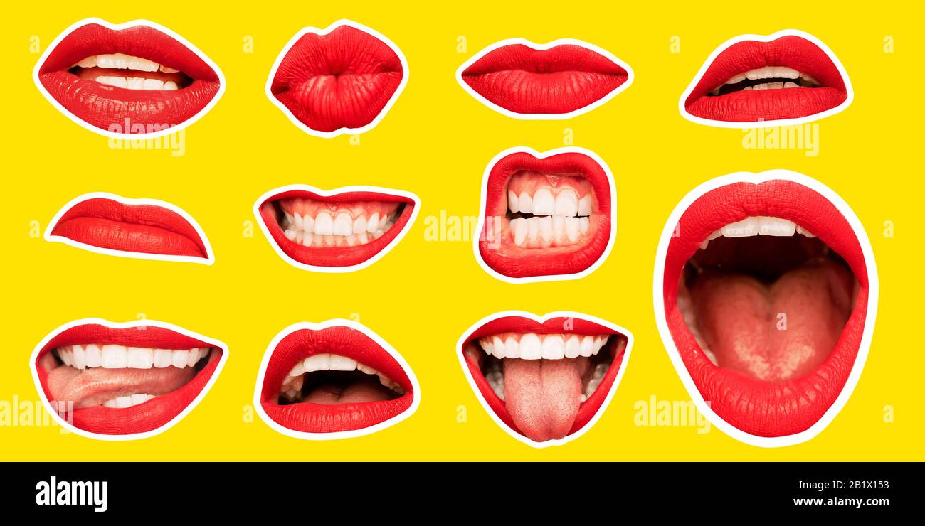 Collage in magazine style with female lips on bright yellow background ...