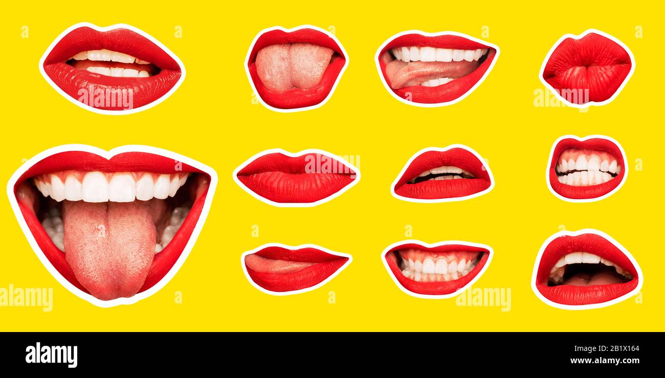 Collage in magazine style with female lips on bright yellow background ...