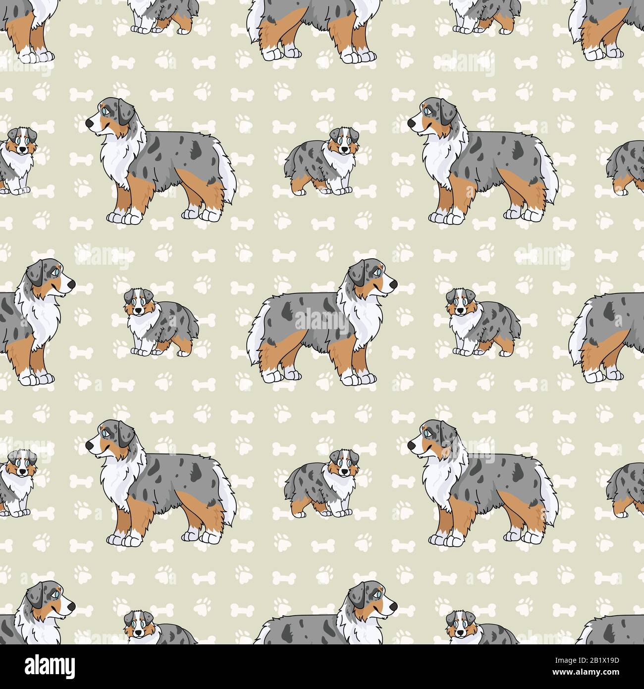 Hand drawn cute australian shepherd breed dog seamless vector pattern ...