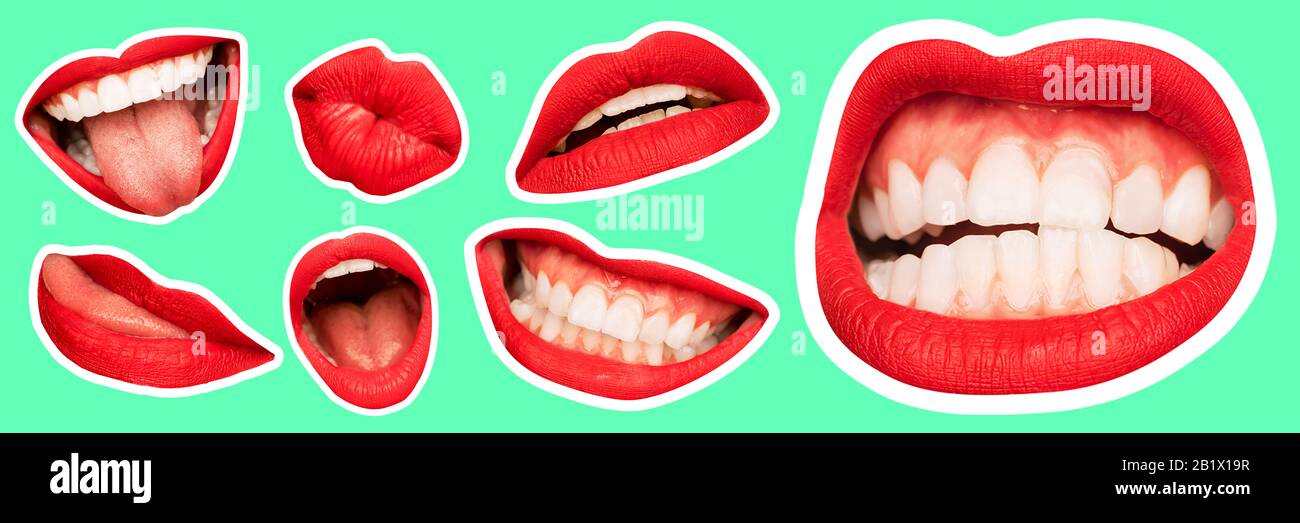Collage in magazine style with female lips on bright mint background ...