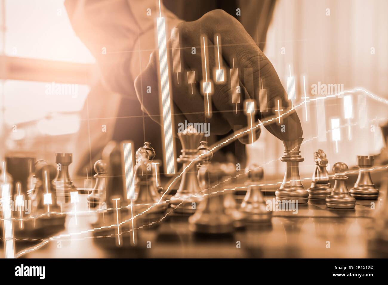 Chess game on chess board on stock market or forex trading graph chart ...