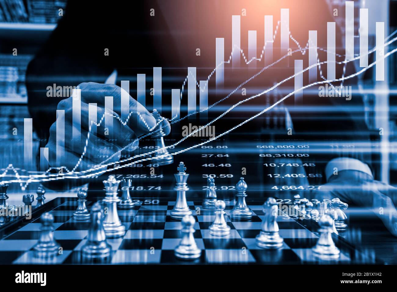 Chess game on chess board on stock market or forex trading graph chart ...