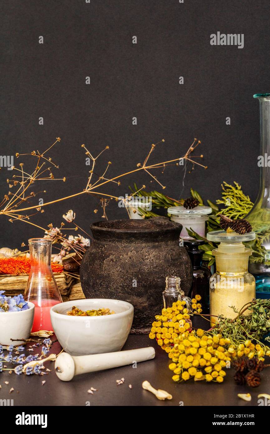 Halloween concept. Alchemy laboratory of the witch. Flasks, retorts ...