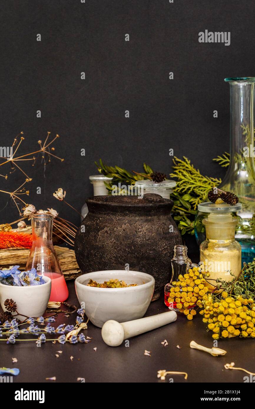 Halloween concept. Alchemy laboratory of the witch. Flasks, retorts ...