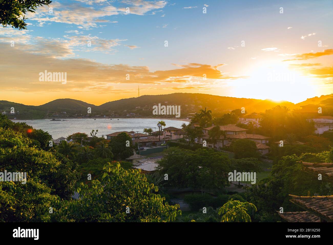 Buzios, Brazil. Ferradura Beach. View of the bay at the sunset. The end ...