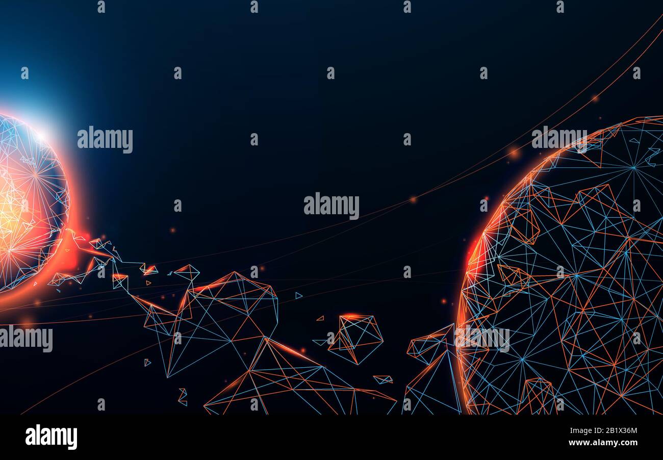 Space scene with planets, meteorite and galaxies form lines, triangles ...