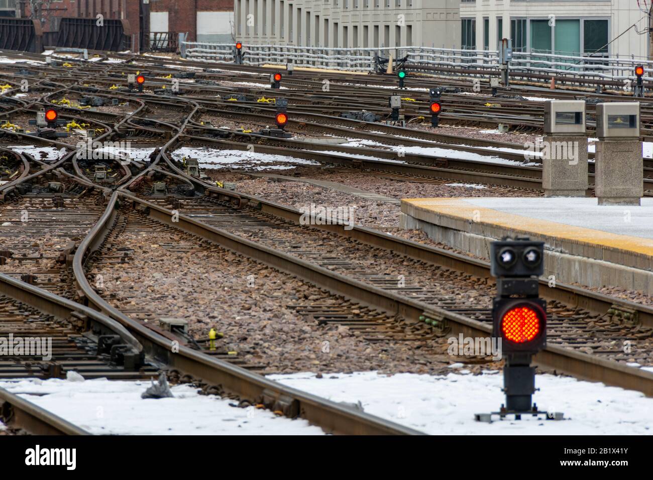 Empty train tracks at the entrance to a destionation station of ...