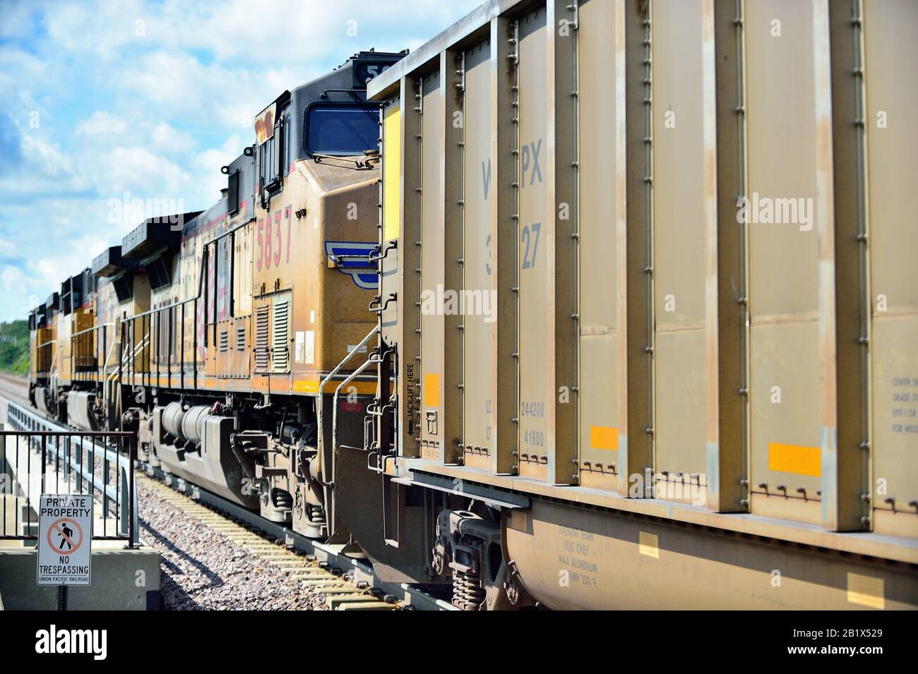 La Fox, Illinois, USA. A Union Pacific coal train, lead by three ...