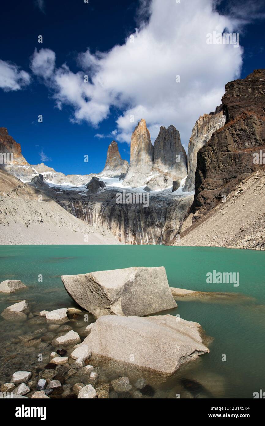 The iconic Paine Towers in Torres del Paine national park, Patagonia ...
