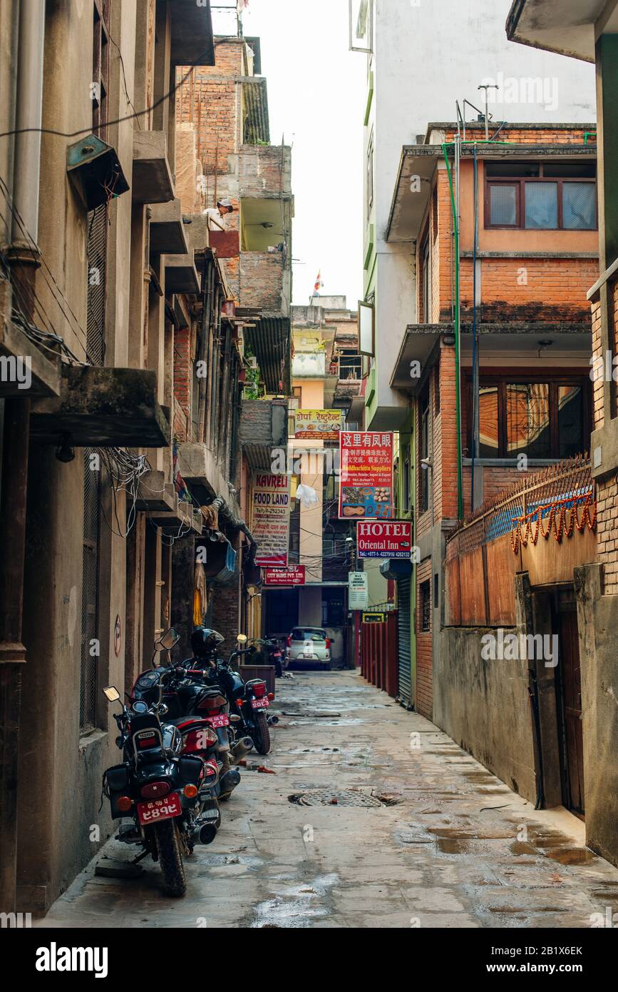 Kathmandu, Nepal - July 2019 Street view in Thamel district, known as ...