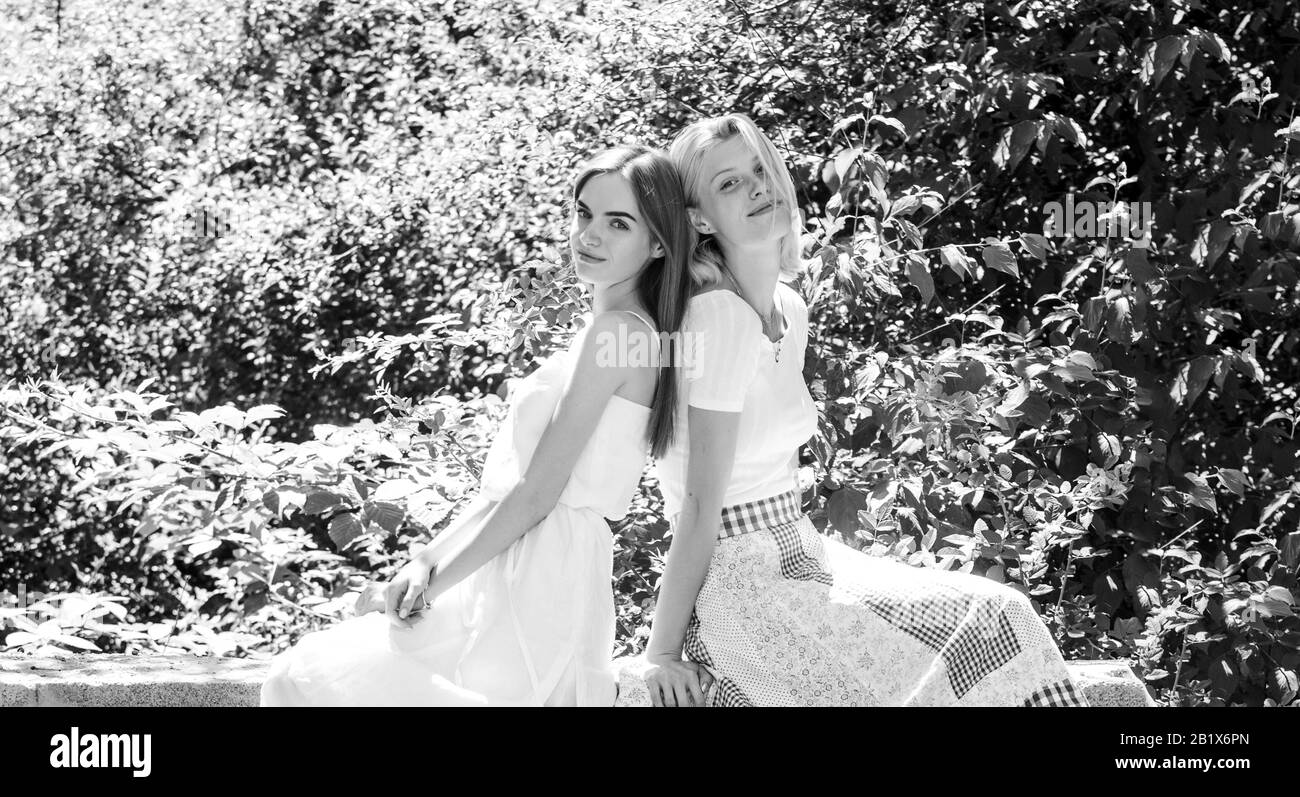 Friendship concept. Girls friends nature background. Enjoy pleasant ...