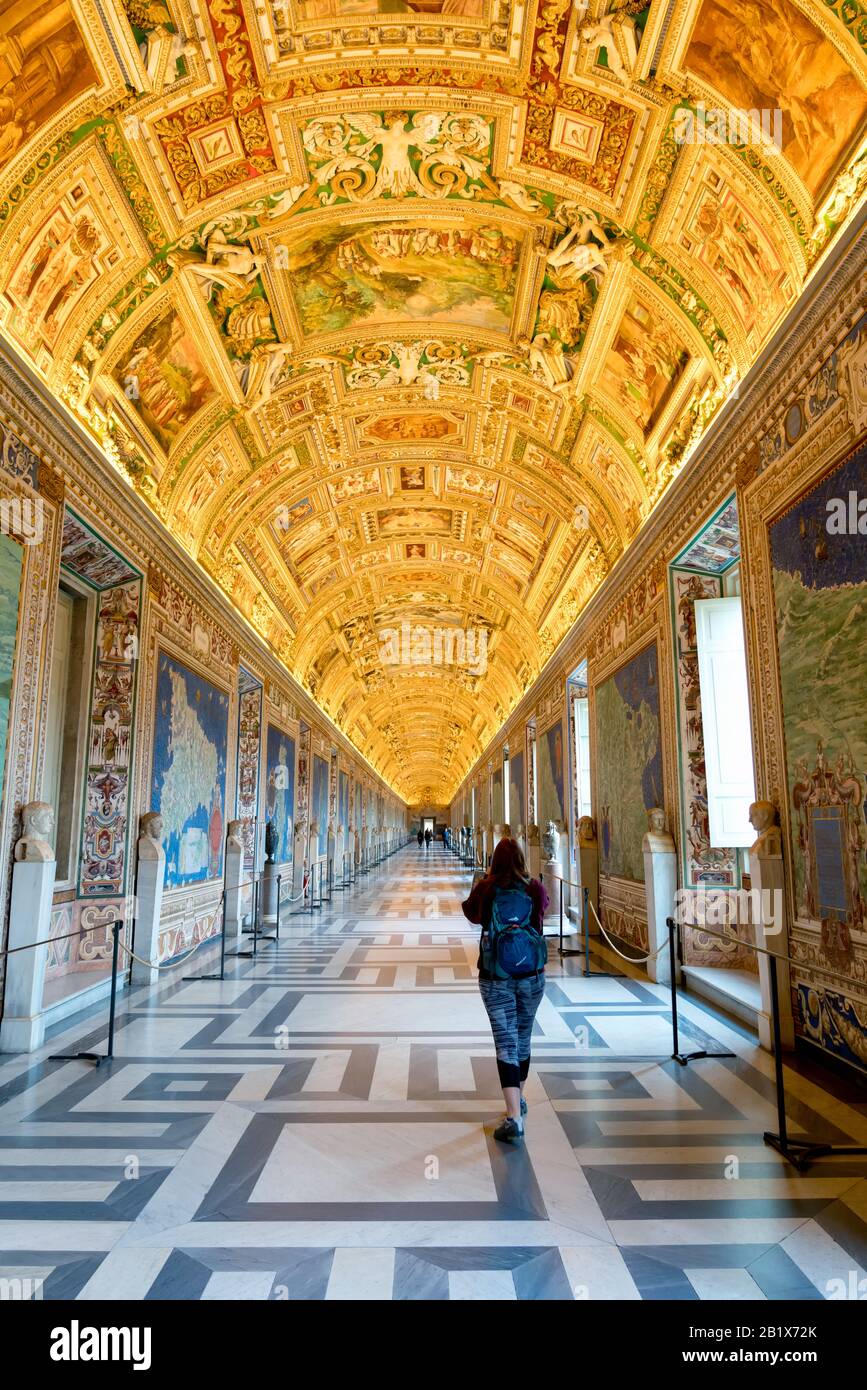 Vatican City, Italy - March 15, 2018: One person walks through the map room on the west side of ...