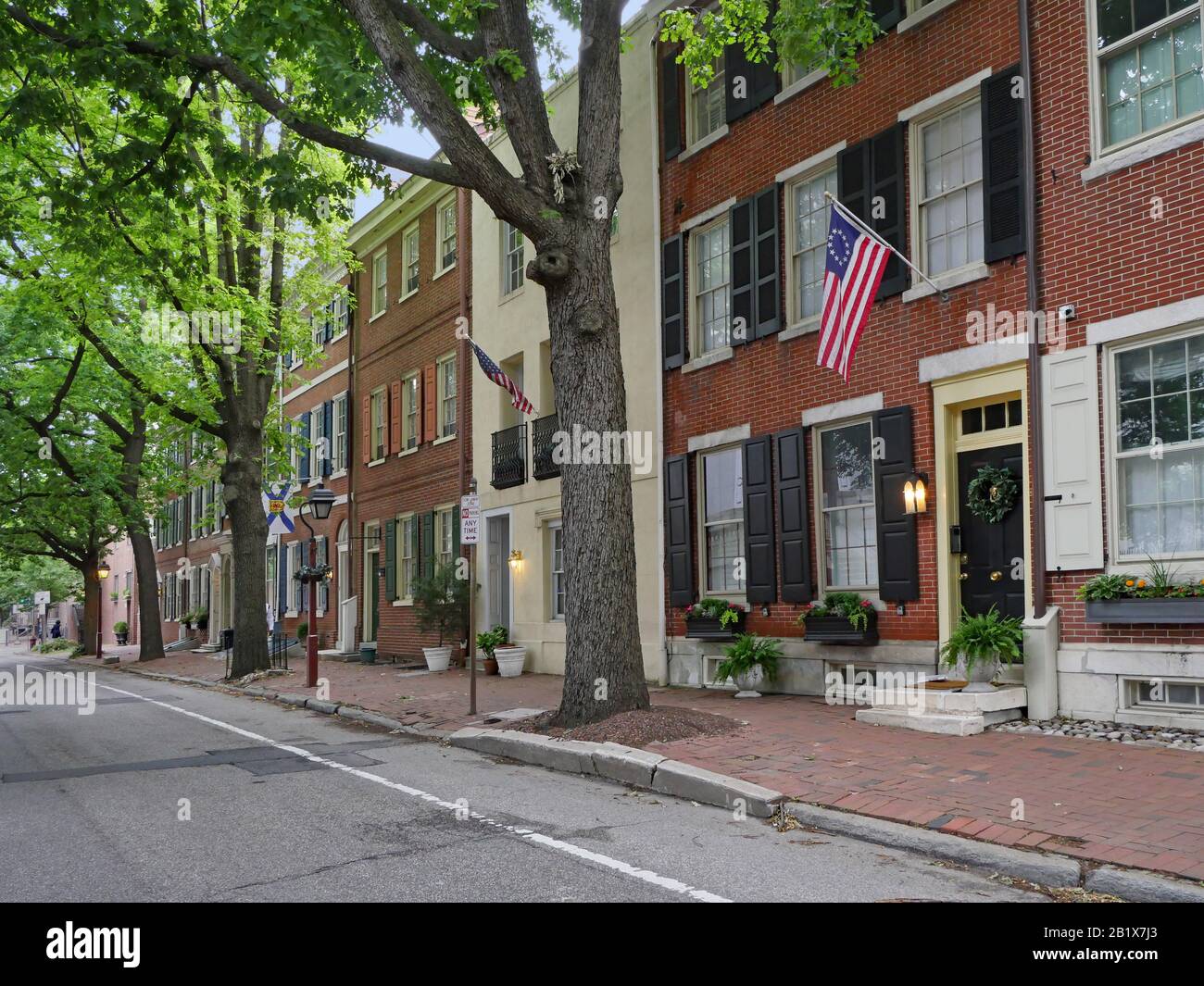 Historic street in Society Hill district of Philadelphia with colonial ...