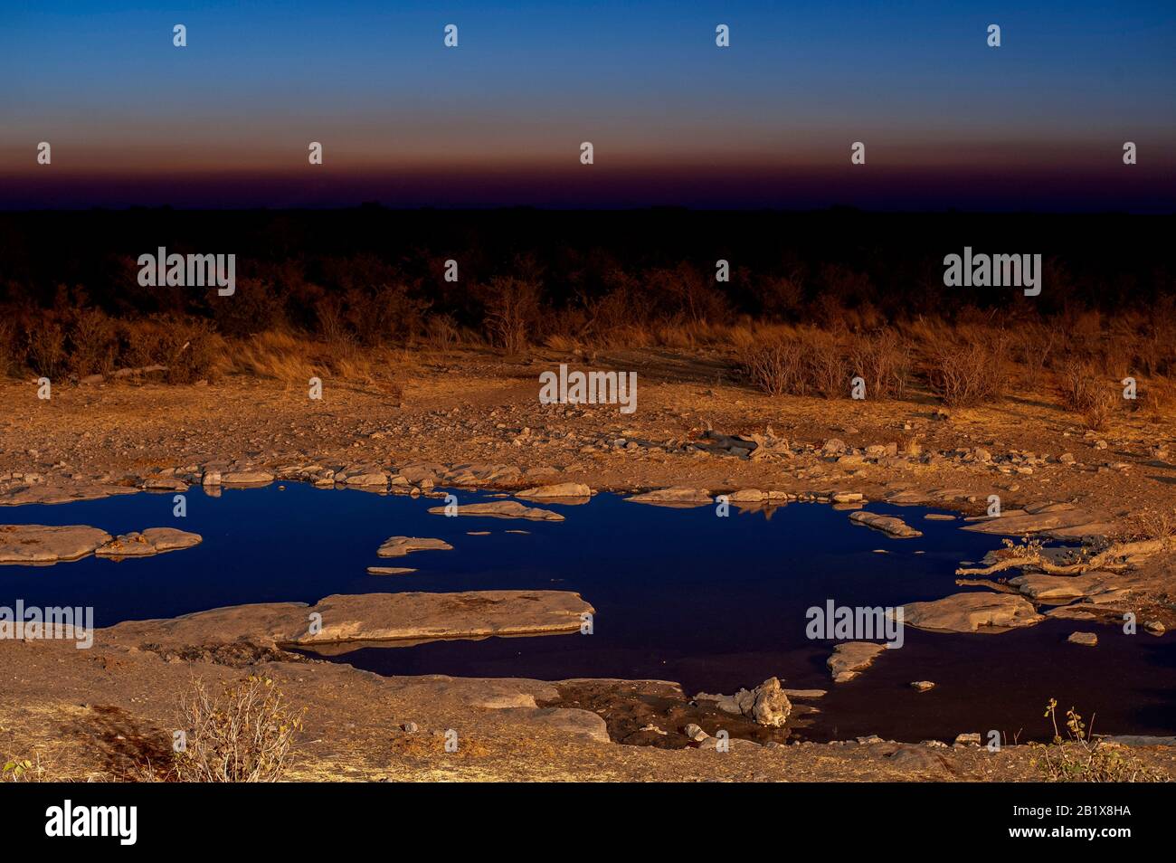 Dusk at Moringa waterhole, Halali Camp, Etosha National Park, Namibia ...