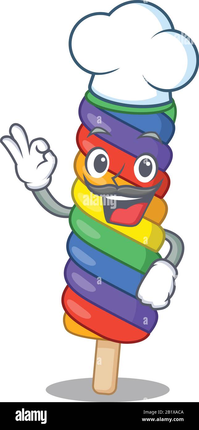Rainbow ice cream cartoon character working as a chef and wearing white ...