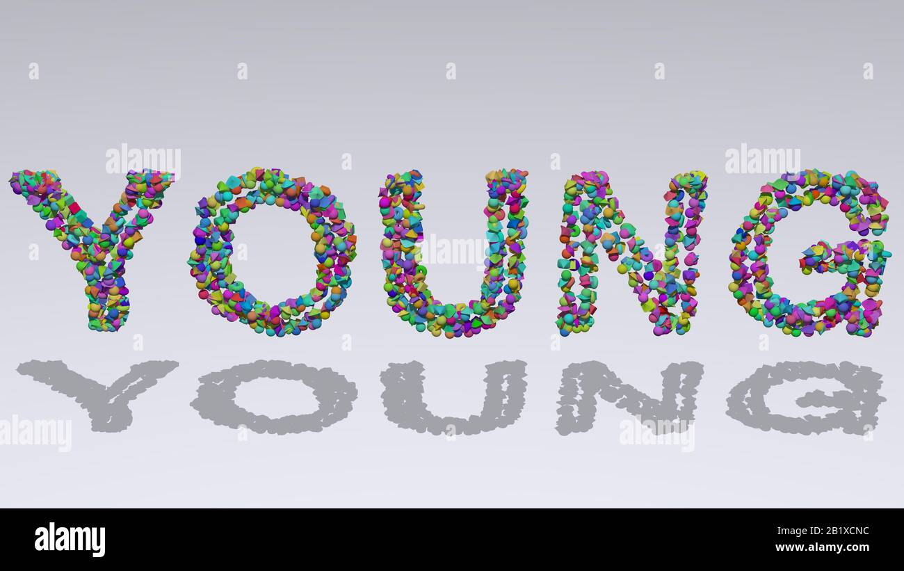 Young written in 3D illustration by colorful small objects casting ...