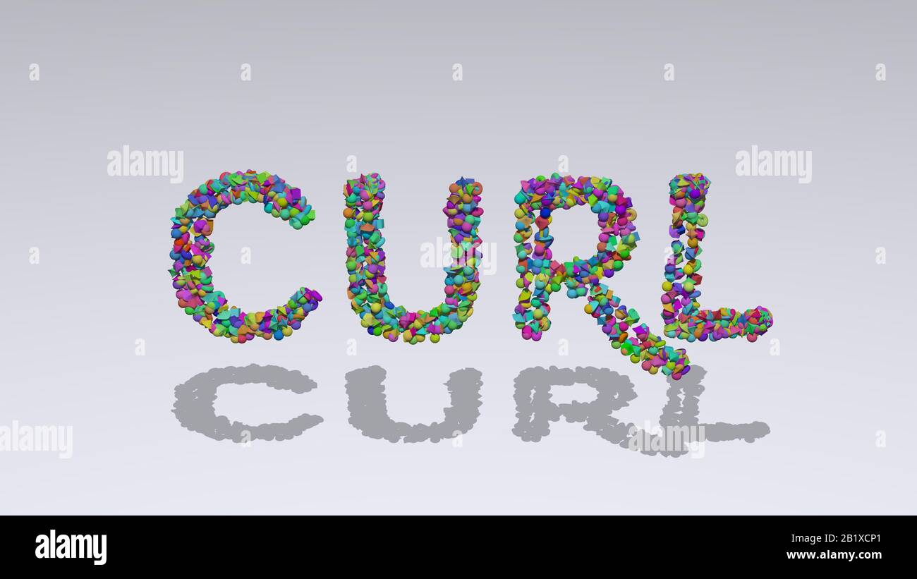 Colorful 3D writting of Curl text with small objects over a white ...