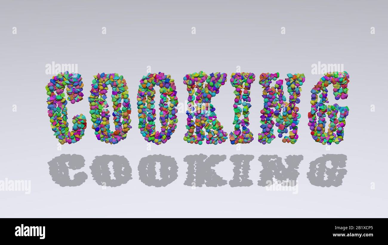 Colorful 3D writting of COOKING text with small objects over a white ...