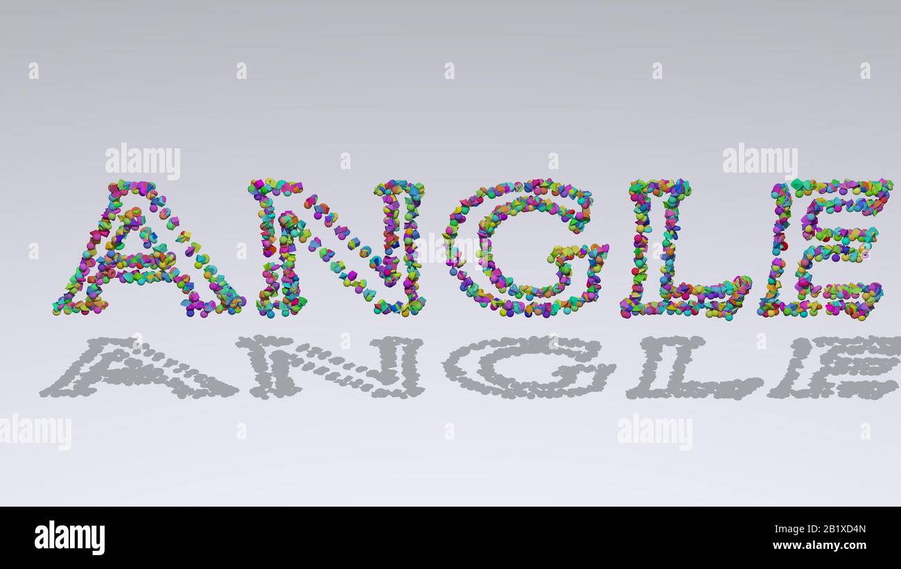 Colorful 3D writting of ANGLE text with small objects over a white ...
